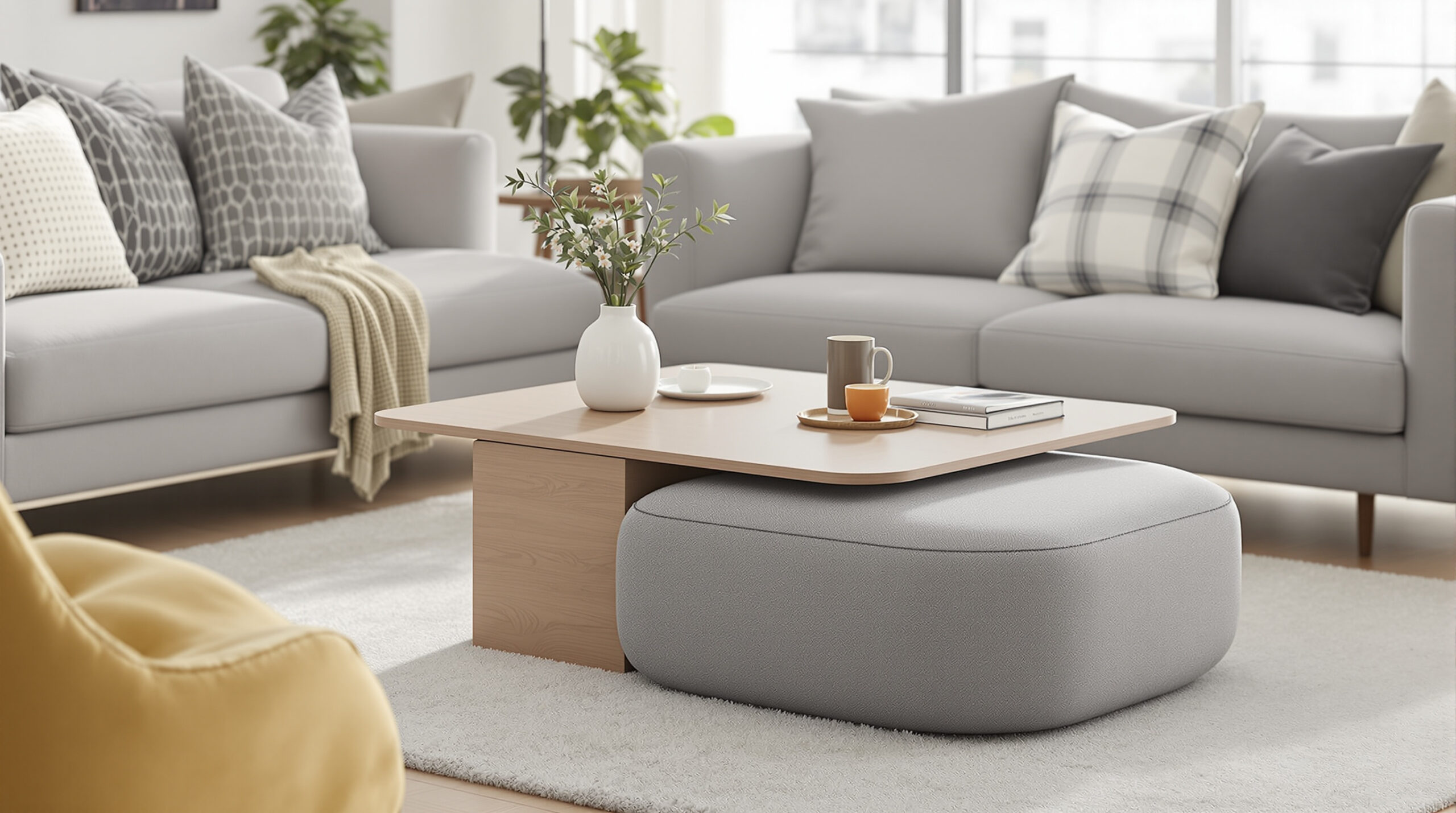Table basse avec pouf intégré : optimiser l'espace du petit salon